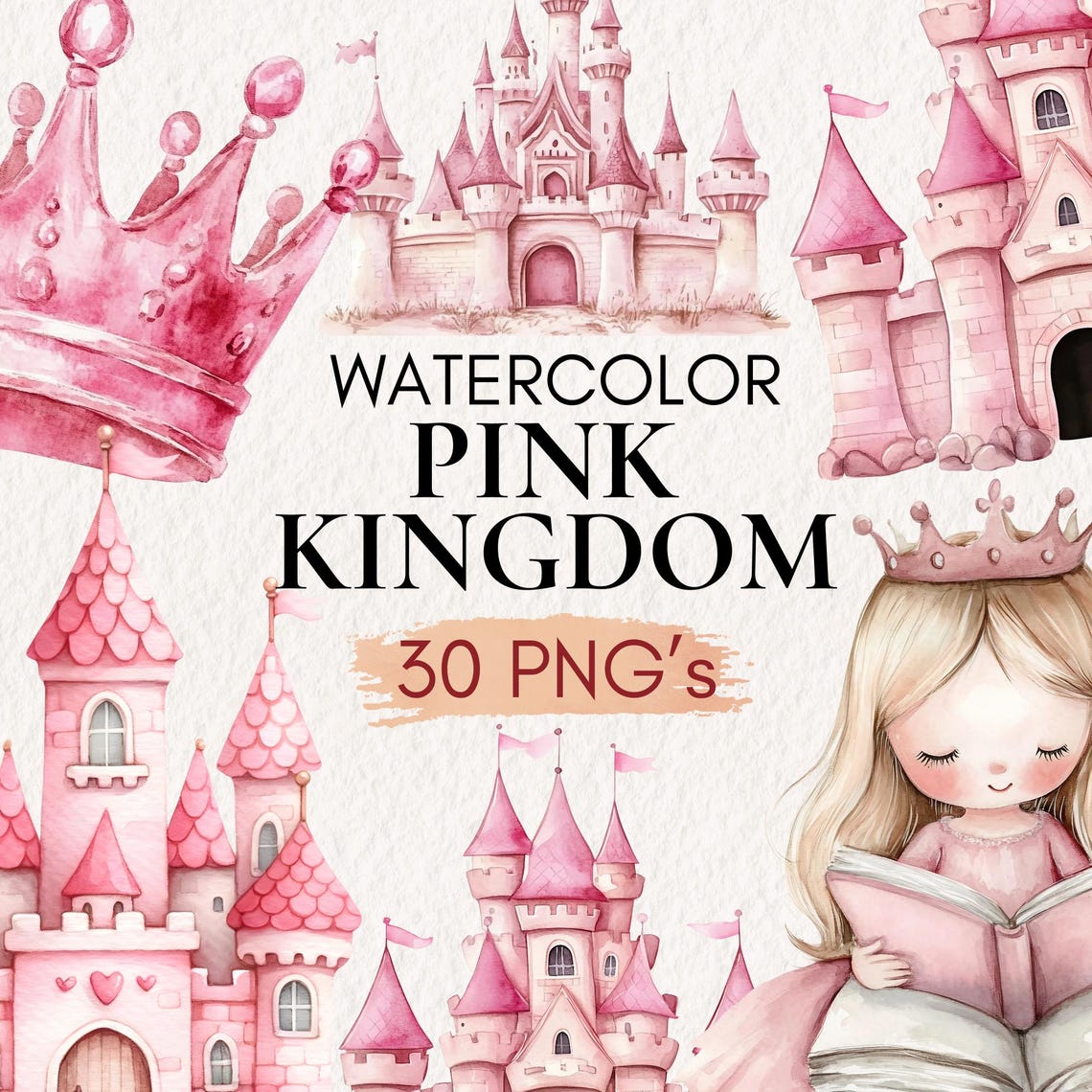 Pink Princess Castle Watercolor Clipart, Pink Princess PNG, Pink Dragon ...