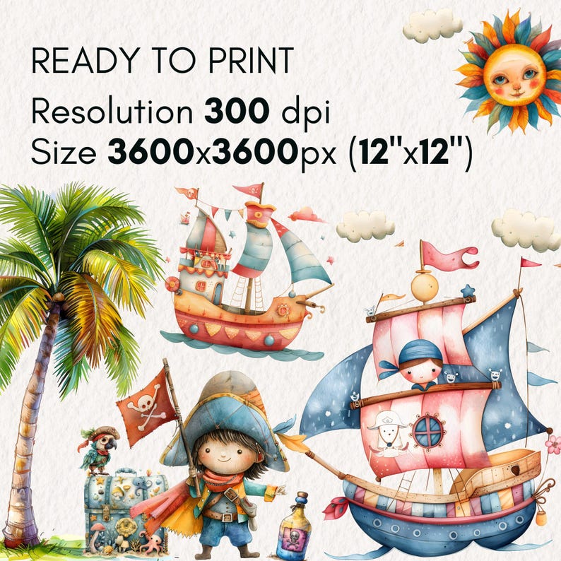 Watercolor Pirate Quest Clipart Bundle | Cute Pirate Kids PNG | Mermaid ...