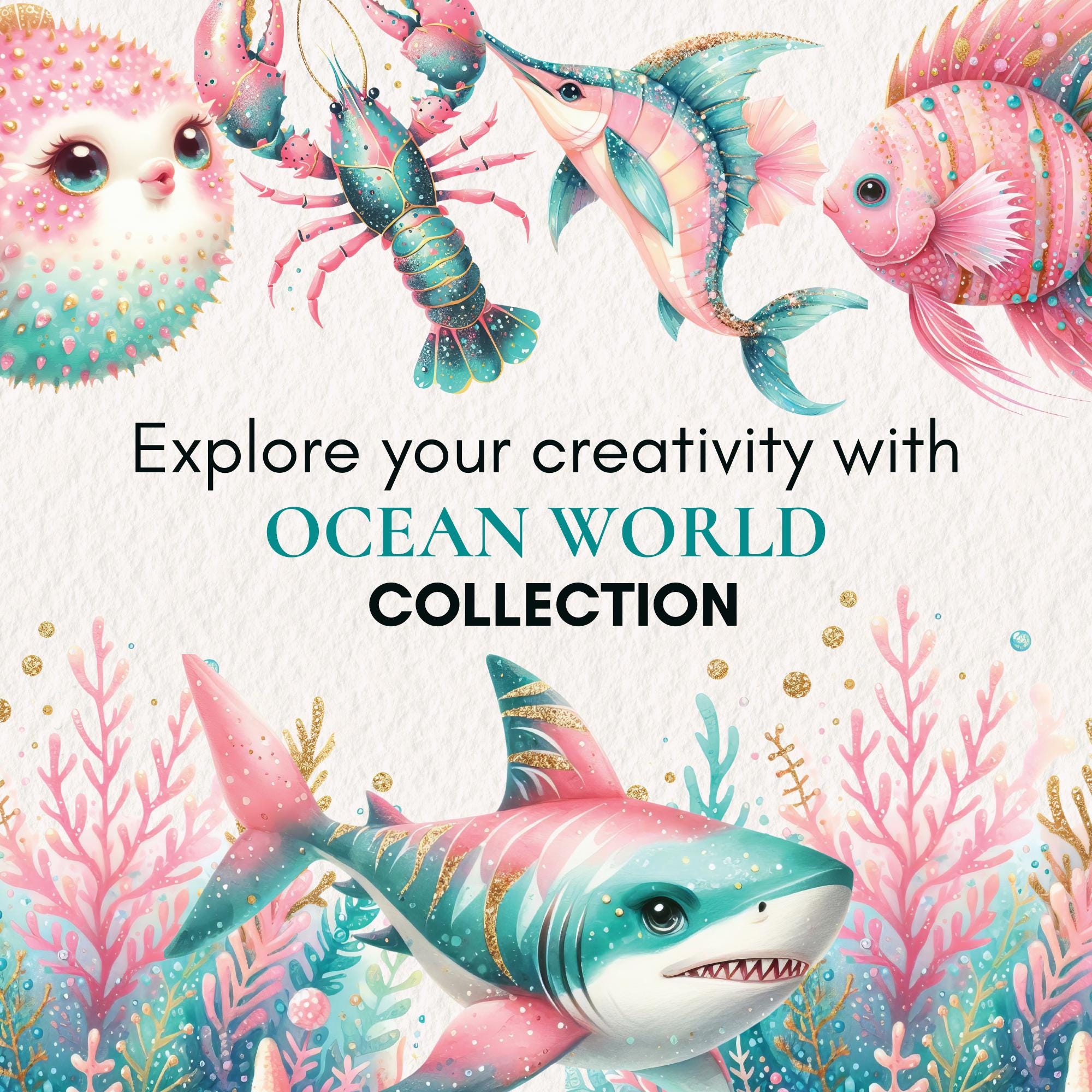 Watercolor Ocean Clipart Bundle, Watercolor Undersea, Pink Underwater ...