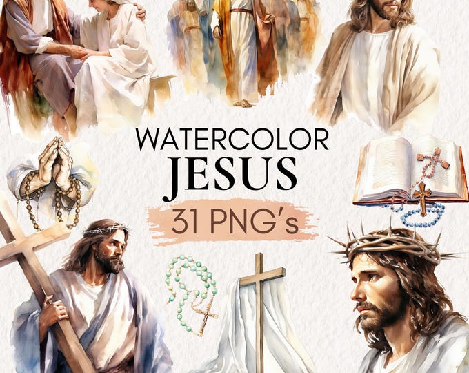 Watercolor Jesus Clipart Bundle, Christian PNG Graphics (digital ...