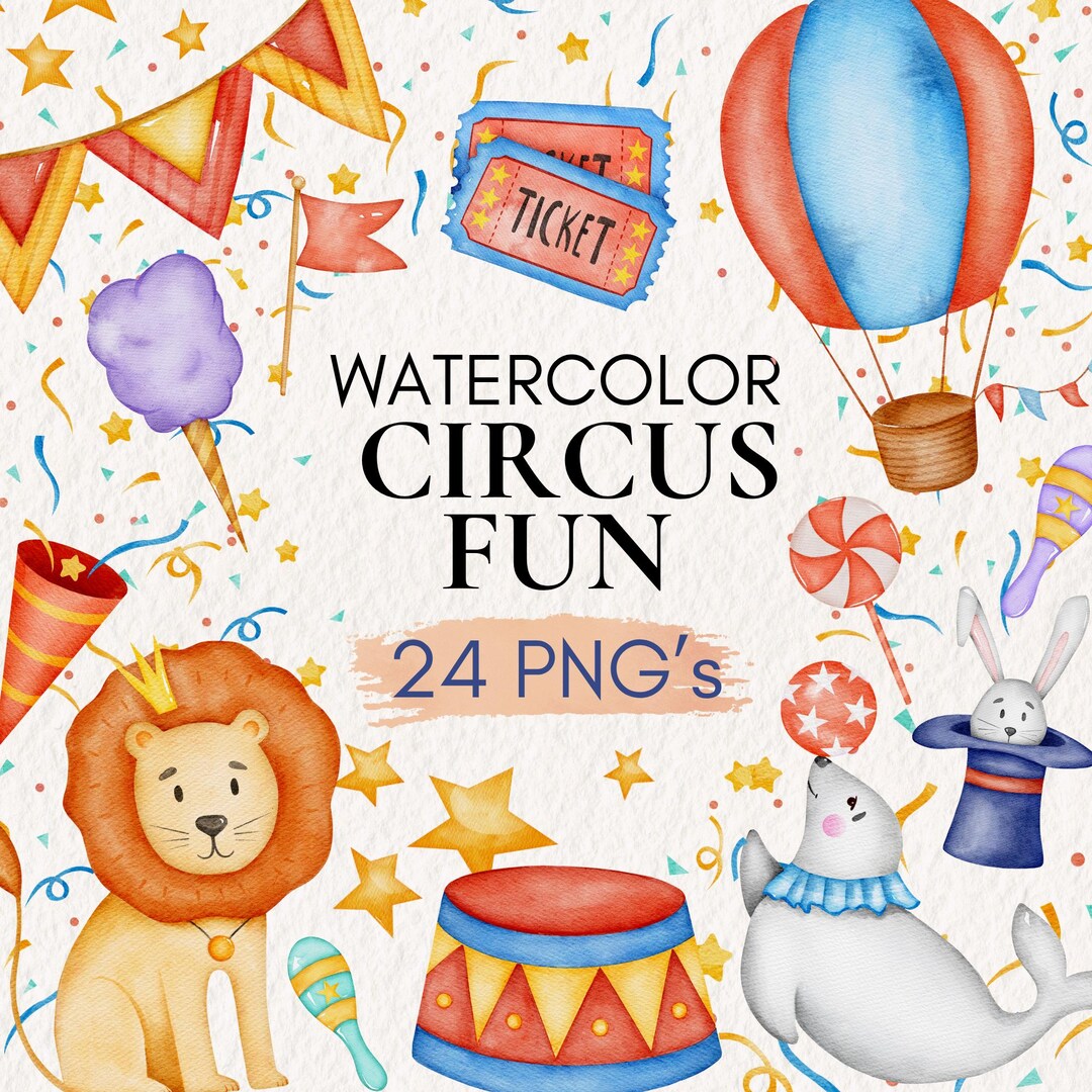 Circus Watercolor Clipart Set, Animals Illustration, Little Clown PNG ...