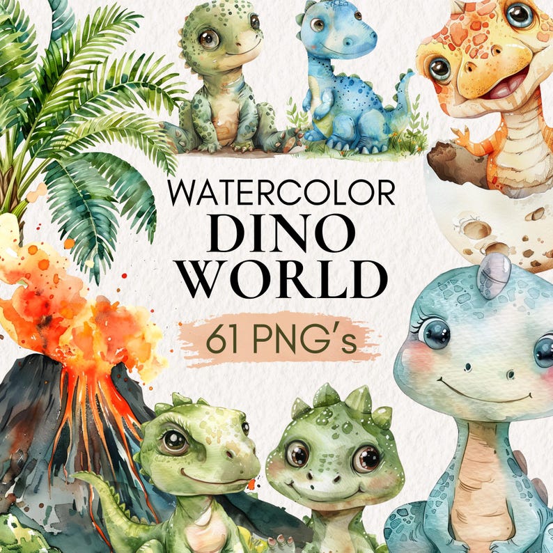 Watercolor Baby Dinosaurs Clipart, Cute Dinosaurs, Reptile Nursery ...