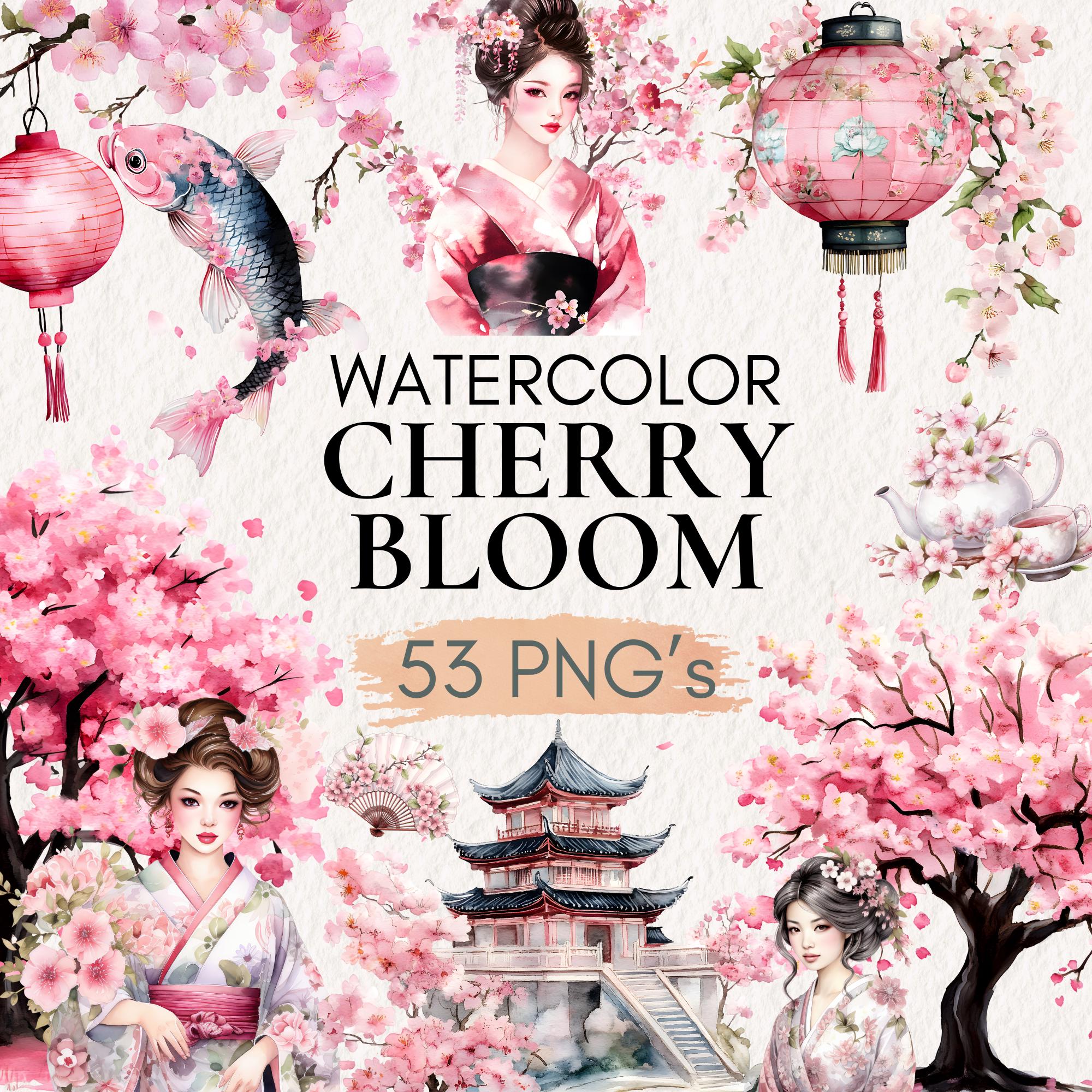 Watercolor Cherry Blossom Clipart, Sakura Flower, Japanese Cherry Bloom ...