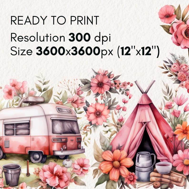 Watercolor Camping Clipart, Tent, Campfire, Lantern, Backpack, Campsite ...