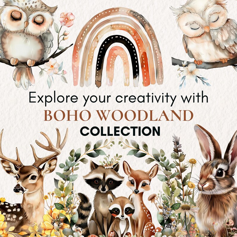 Watercolor Boho Woodland Clipart, Baby Animals PNG, Woodland Creatures ...