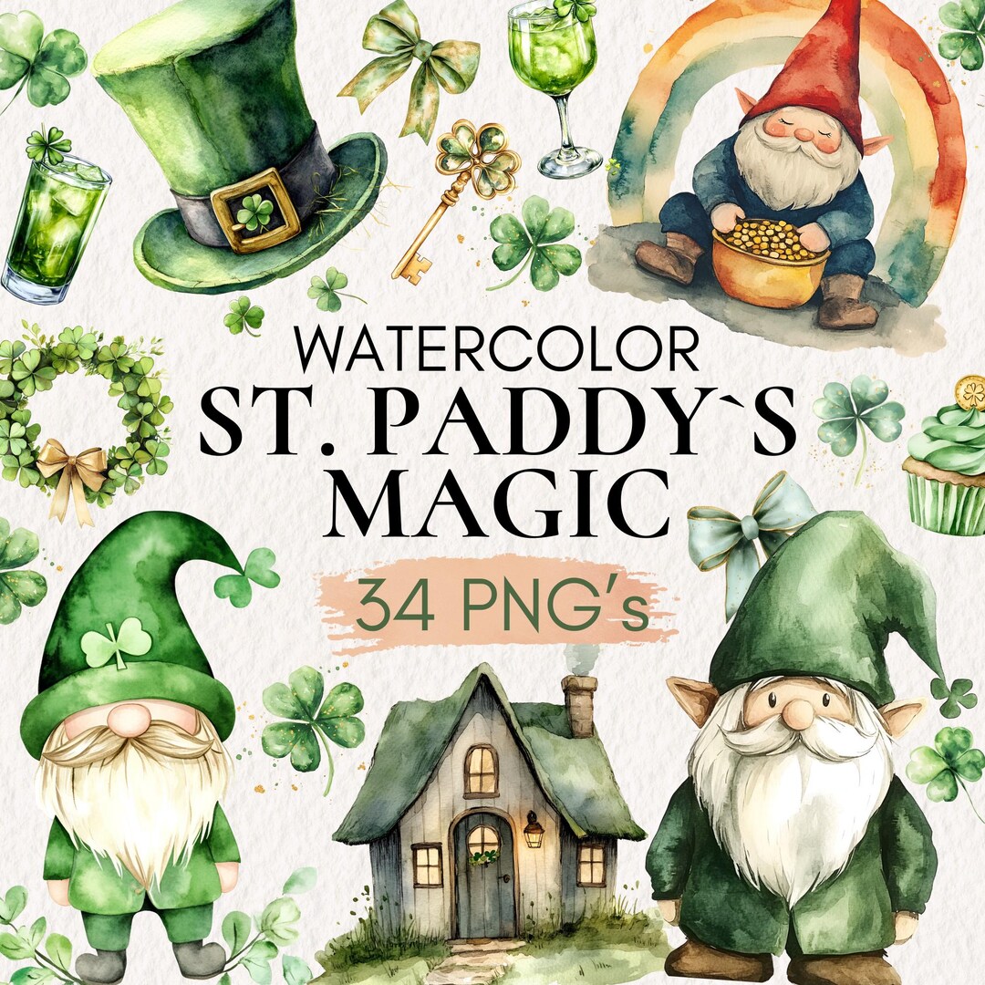 St. Paddy’s Clipart, Watercolor St. Patrick’s, Irish Gnomes Lucky ...