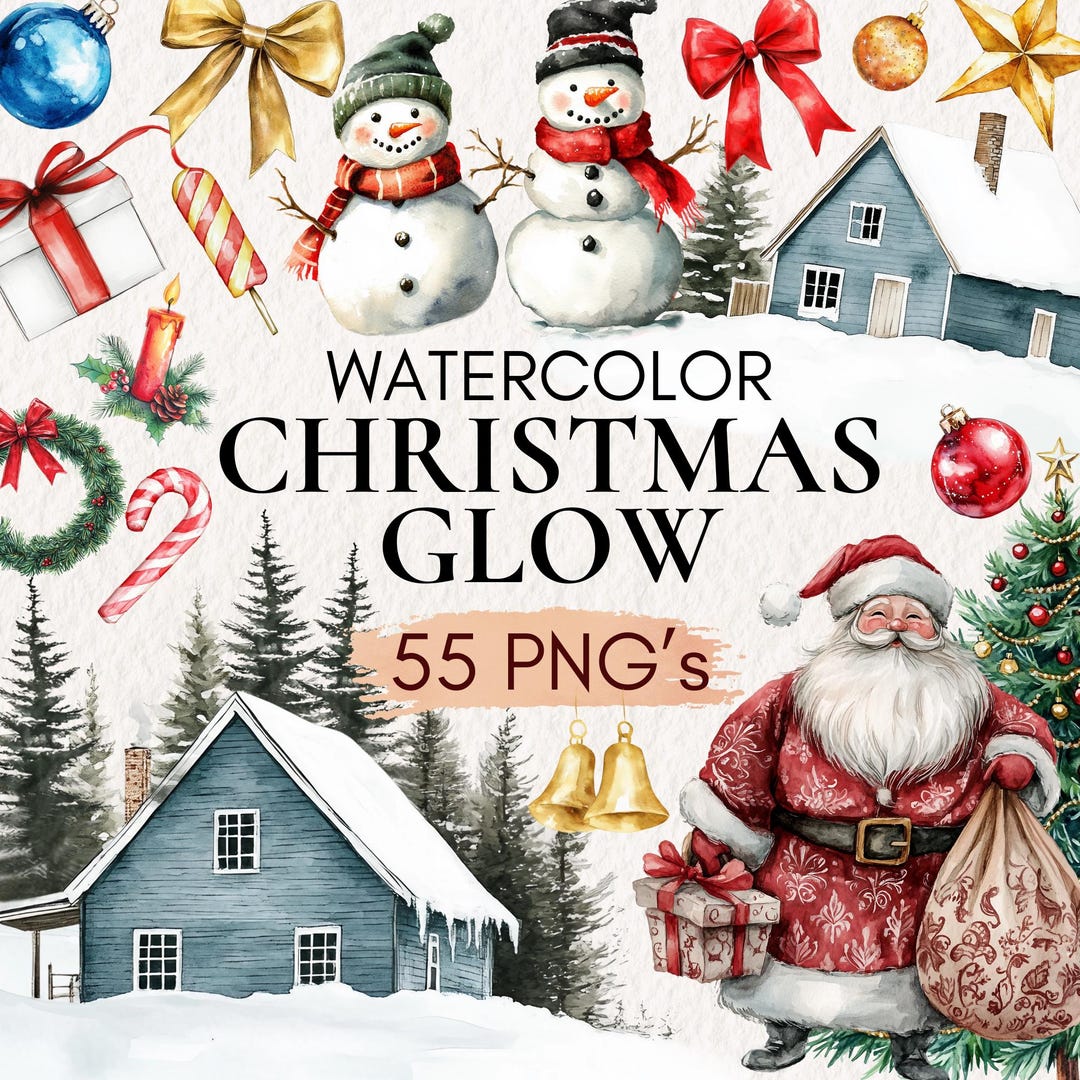 Watercolor Christmas Clipart, 55 PNG Winter Holiday Art (digital ...