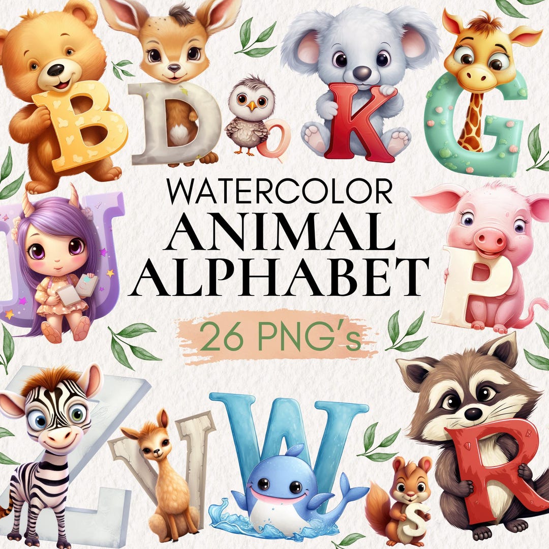 Watercolor Animal Alphabet Clipart Bundle | Cute Zoo Animals Letters ...