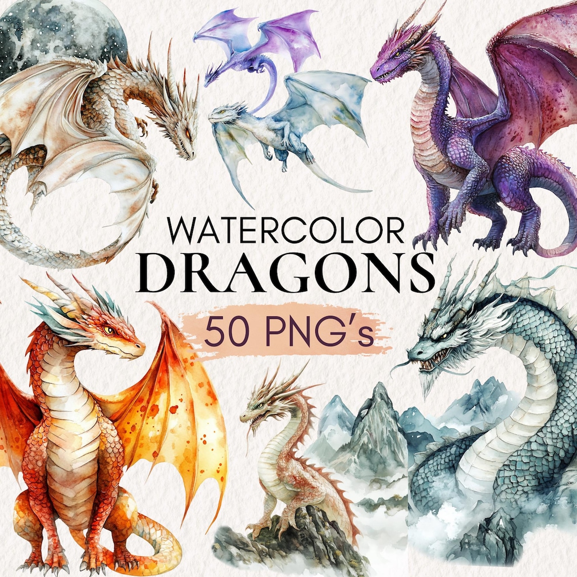 Watercolor Dragons Clipart, Fantasy Illustrations (50 PNG) - Etsy