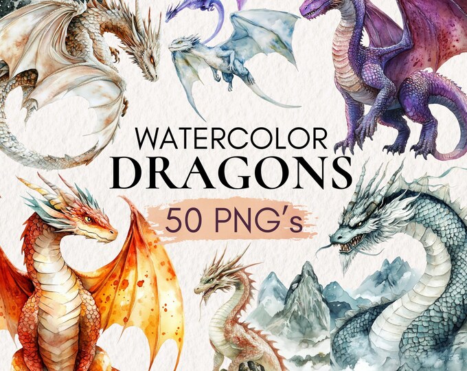 Watercolor Dragons Clipart, Fantasy Illustrations (50 PNG) - Etsy