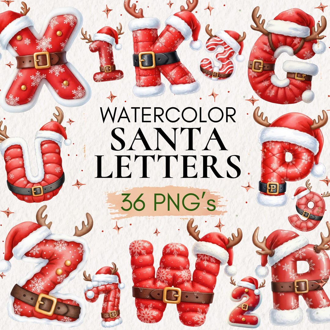 Watercolor Santa Alphabet Clipart | Christmas Letters & Numbers PNG ...