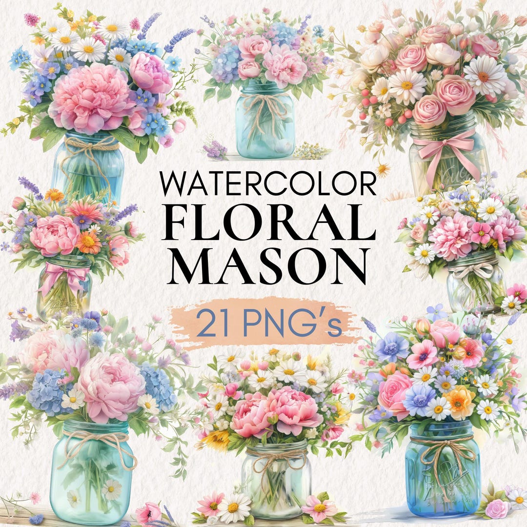 Mason Jar Flowers Clipart, Shabby Chic Floral, Watercolor Vintage Clip ...
