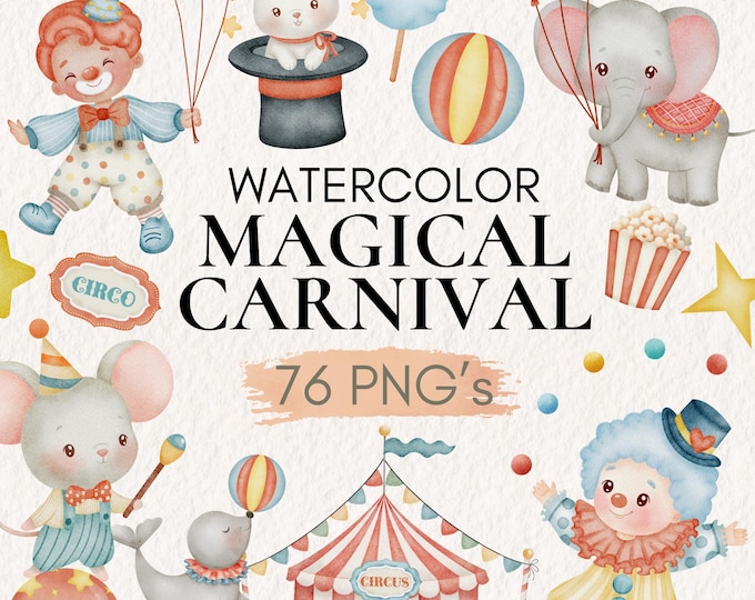 Circus Watercolor Clipart Set, Animals Illustration, Little Clown PNG ...