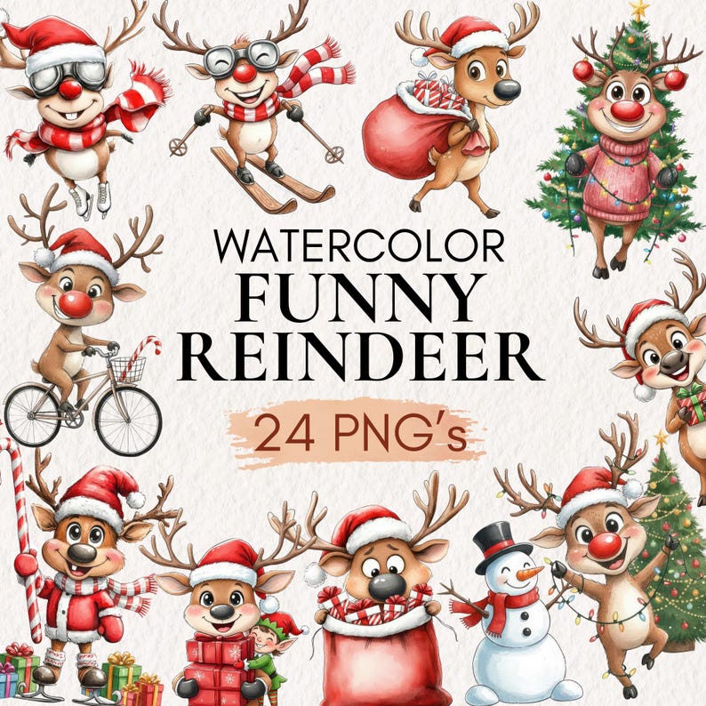 Watercolor Reindeer Clipart | Funny Christmas Deer PNG | Holiday Animal ...