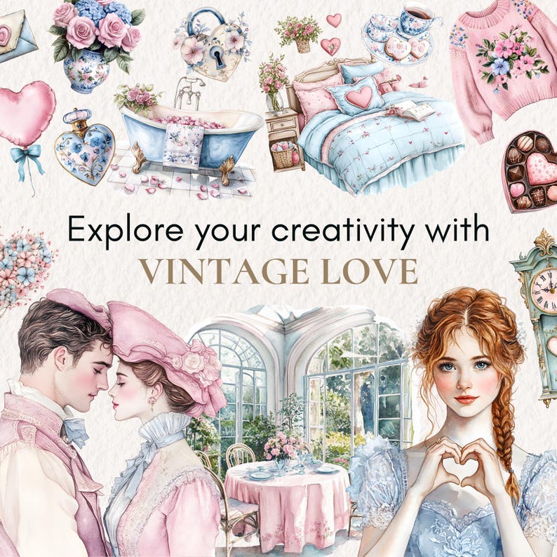 Watercolor Vintage Love Clipart Bundle | Romantic Roses Hearts Couples ...