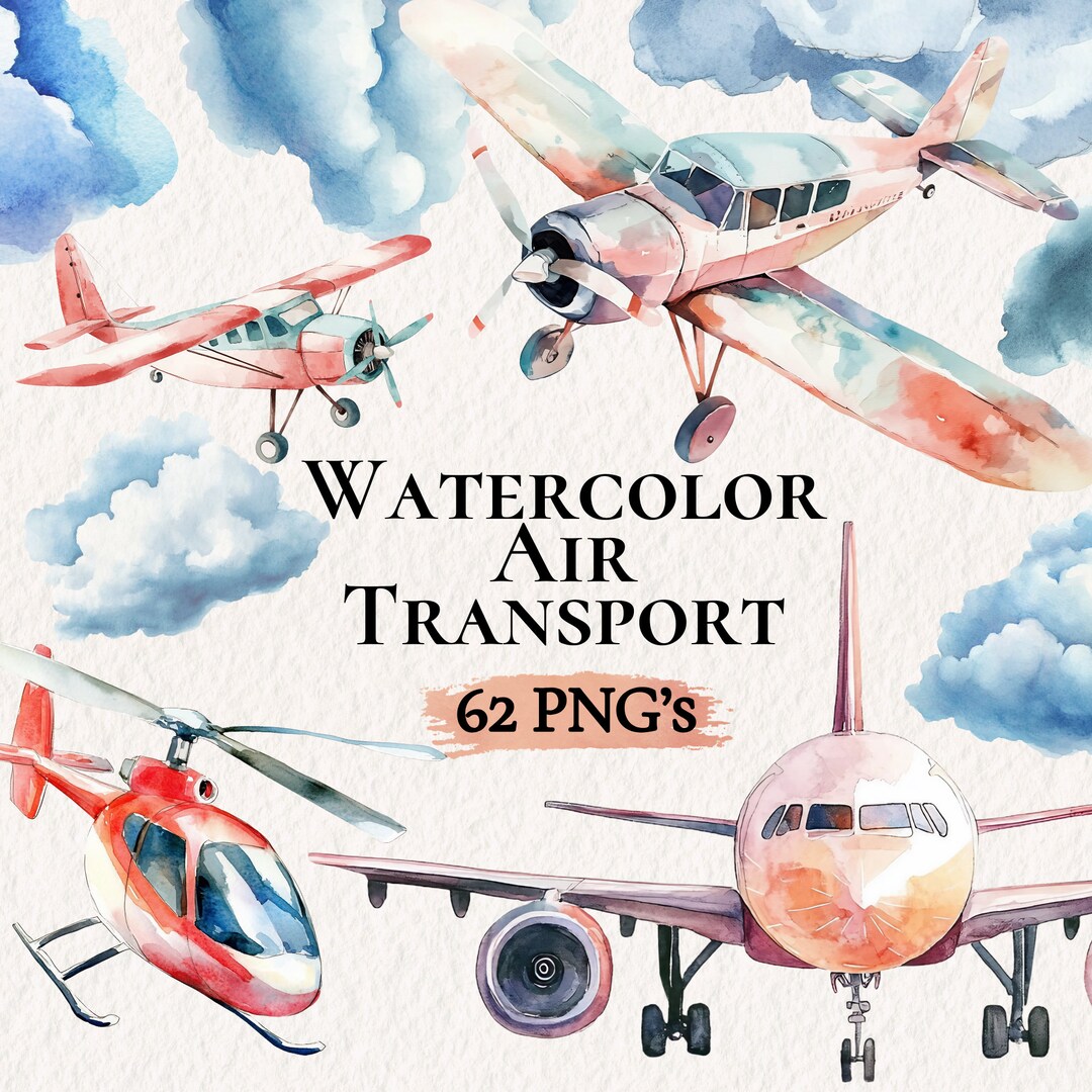 Air Transport Watercolor Clipart, Airplane Clip Art, Kids Art, Hot Air ...