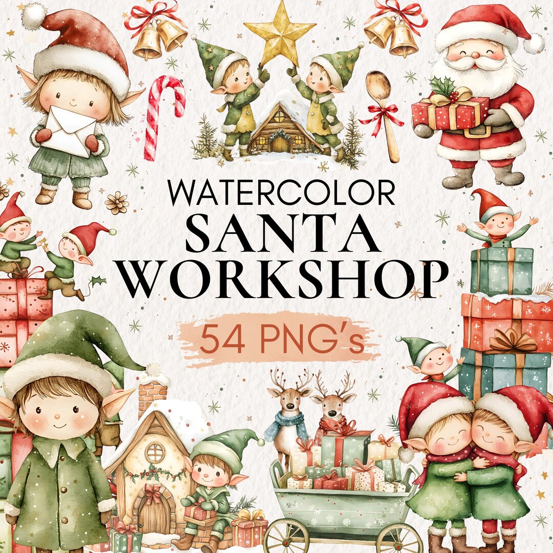 Watercolor Santa's Workshop Clipart | Christmas Elves, Toys, Village ...