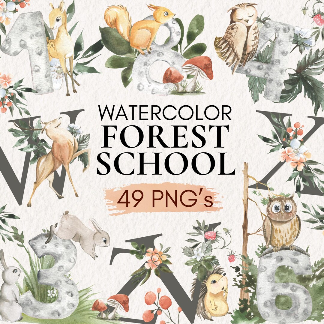 Watercolor Woodland Alphabet Clipart | Forest ABC & Numbers PNG ...