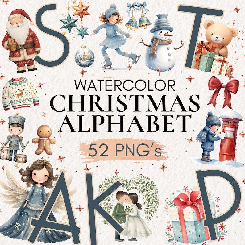 Watercolor Christmas Alphabet Clipart | Festive Letters PNG | Holiday ...