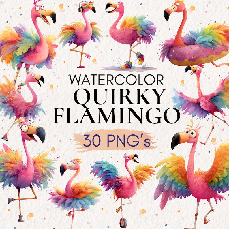 Watercolor Quirky Flamingo Clipart, Fantasy Tropical PNG (digital ...