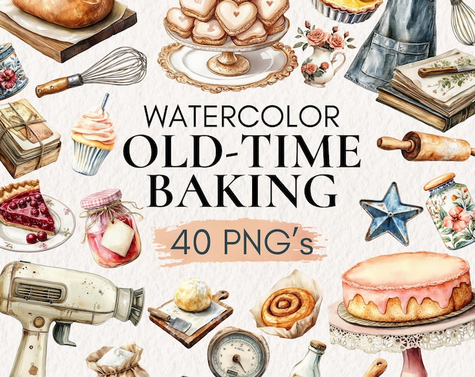 Watercolor Vintage Baking Clipart | Retro Kitchen PNG Graphics Set ...