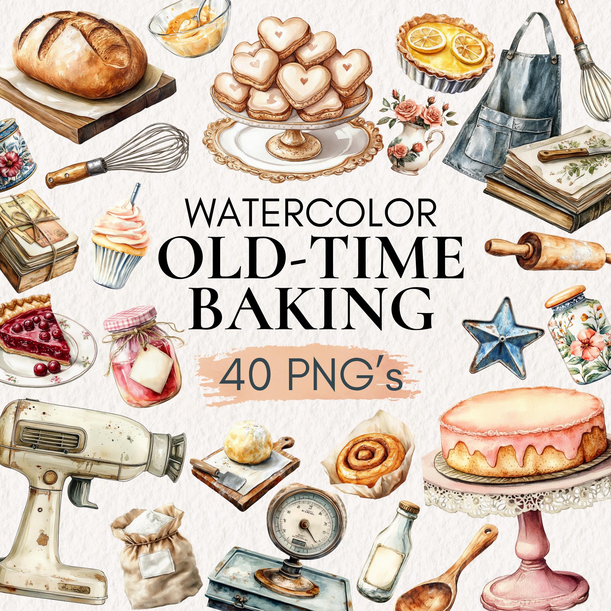 Watercolor Baking Clipart, Vintage Bakery PNG, Retro Kitchen Elements ...
