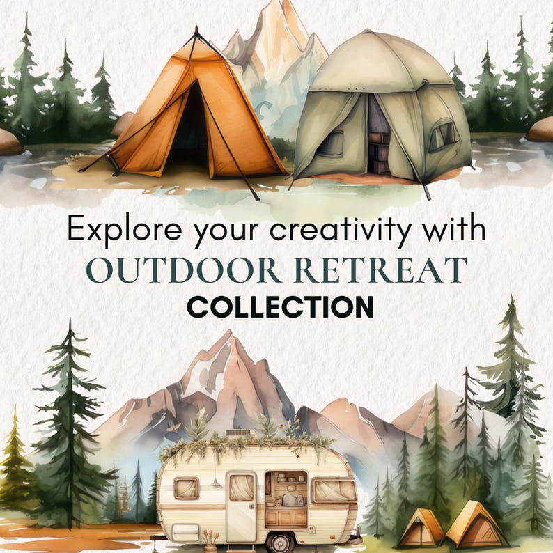Watercolor Camping Clipart, Tent, Campfire, Lantern, Backpack, Campsite ...