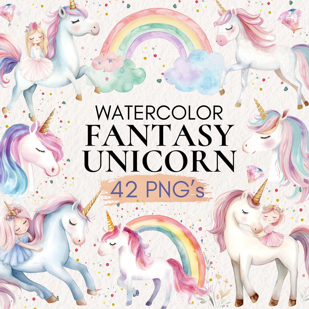 Unicorn Dreams Watercolor Clipart, Magical Unicorn PNG, Fairytale ...