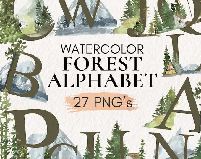 Watercolor Forest Alphabet Clipart | Woodland Letters & Mountains PNG ...