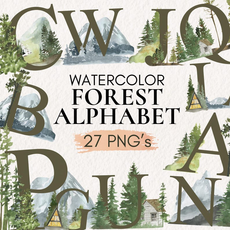 Watercolor Forest Alphabet Clipart | Woodland Letters & Mountains PNG ...