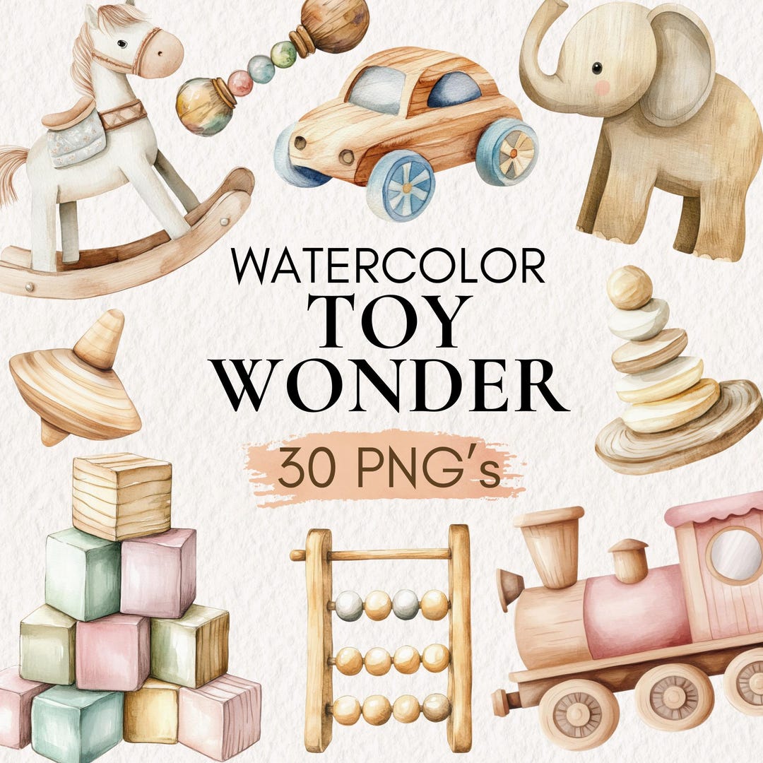 Watercolor Toy Wonders Clipart, Wooden Toys Clip Art, Vintage Toy ...