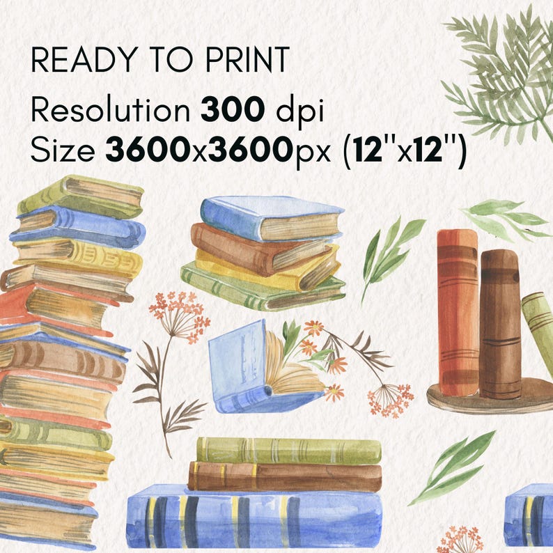 Watercolor Book Clipart | Book Stack PNG Set | Reading Glasses ...