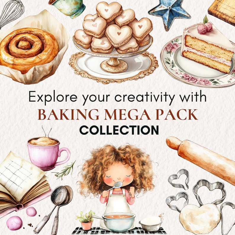 Watercolor Baking Clipart MEGA Bundle, Pastry, Kitchen Graphics PNG ...