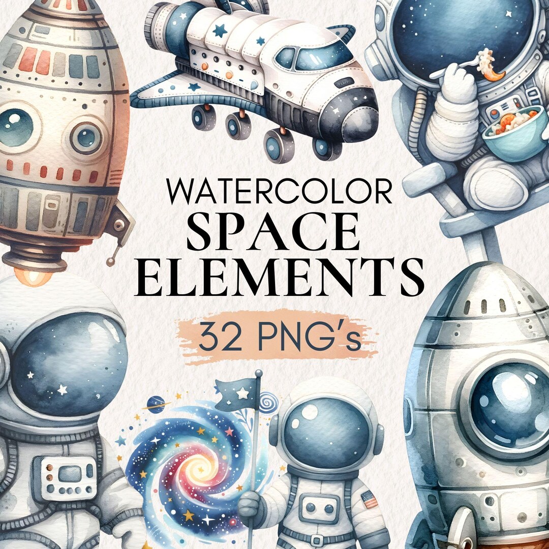 Watercolor Space Clipart Bundle, Watercolor Spaceship Clipart, Space ...