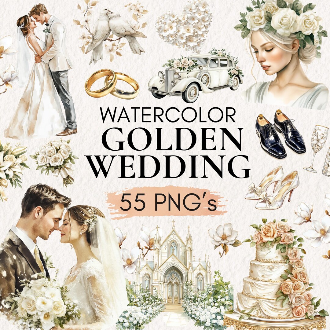Golden Wedding Clipart, Boho Wedding Clipart, Rustic Wedding PNG, Bride ...