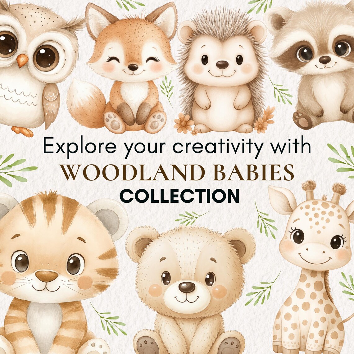 Watercolor Boho Woodland Clipart, Baby Animals PNG, Woodland Creatures ...