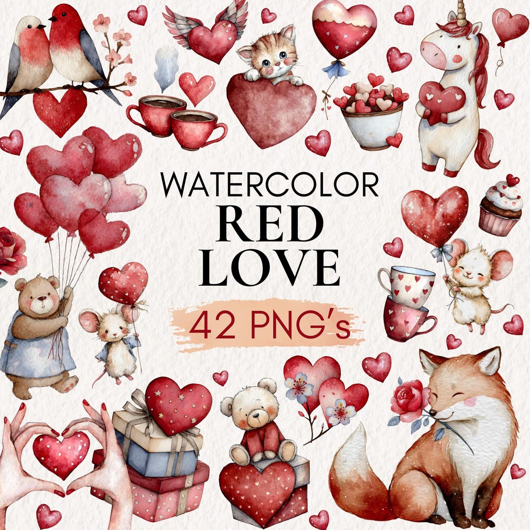 Watercolor Valentine Clipart | Red Love Animals PNG Set (digital ...