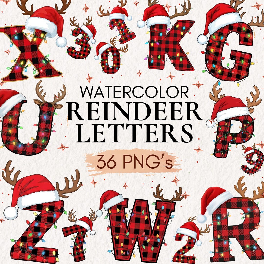 Watercolor Reindeer Letters Clipart Bundle | Christmas Plaid Alphabet ...