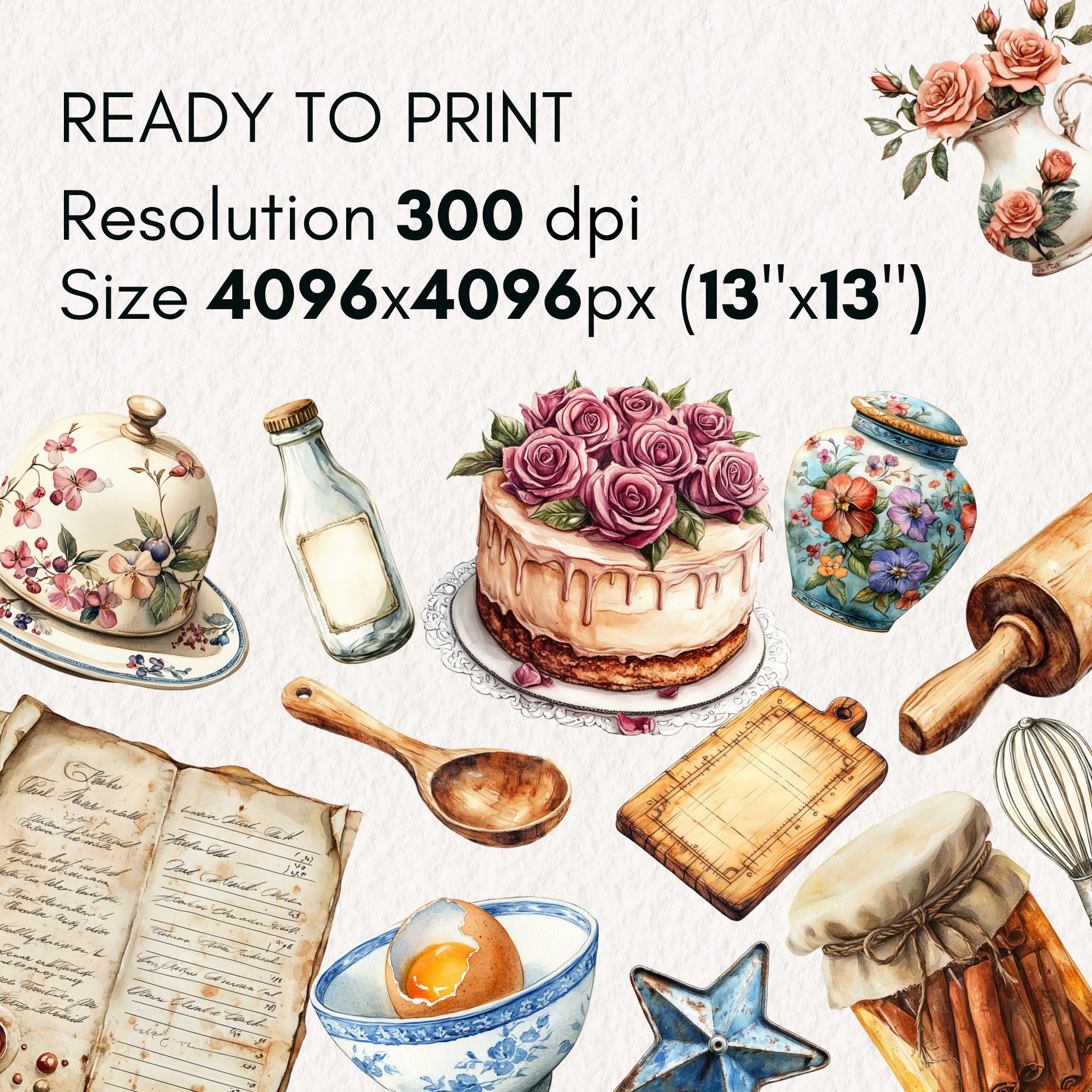 Watercolor Baking Clipart, Vintage Bakery PNG, Retro Kitchen Elements ...