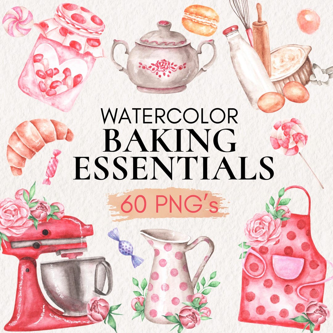 Watercolor Baking Clipart, 60 PNG Graphics, Culinary Art (digital ...