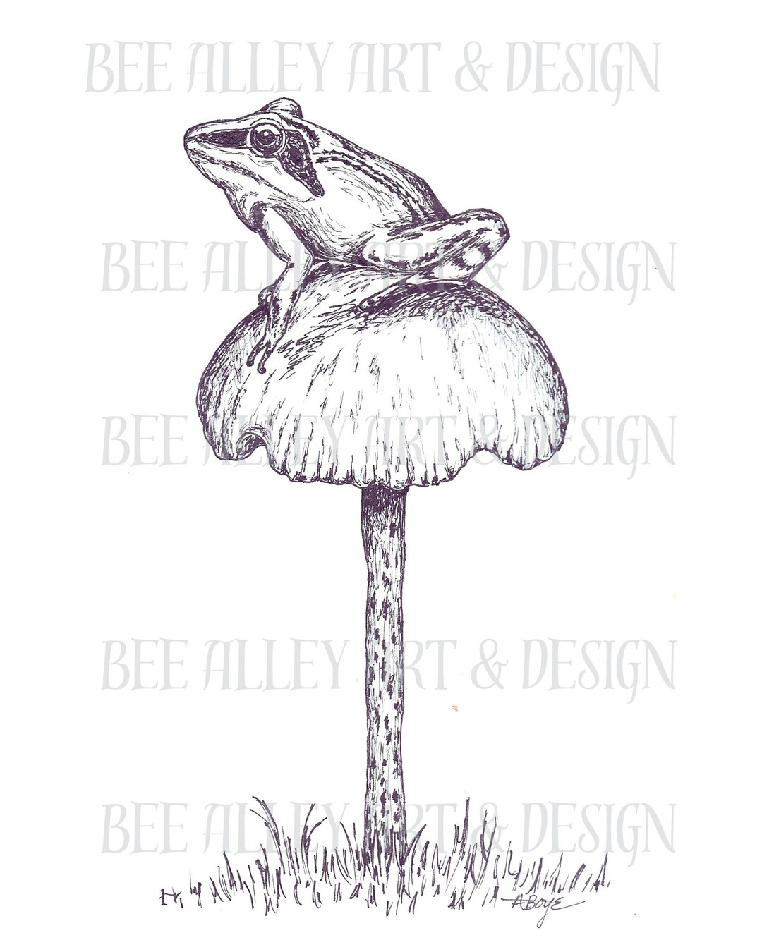 Frog and Toadstool Illustration, Black and White Animal Art, Original ...