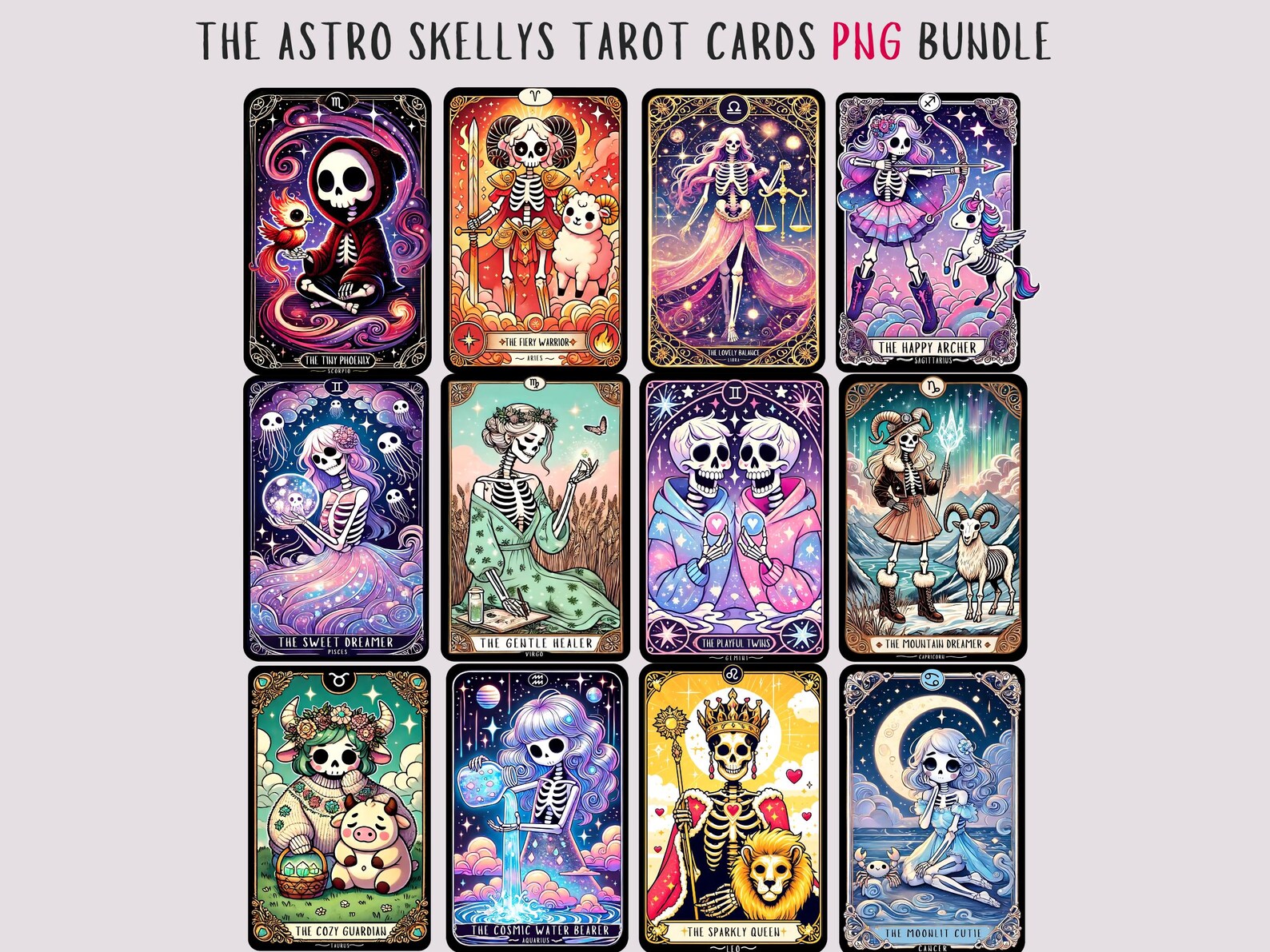 Astro Skellys Tarot Cards PNG Bundle Gothic Skeleton Digital Art Pack ...
