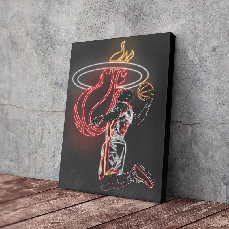 Dwyane Wade Poster Neon Effect Miami Heat NBA Canvas Wall Art Print ...