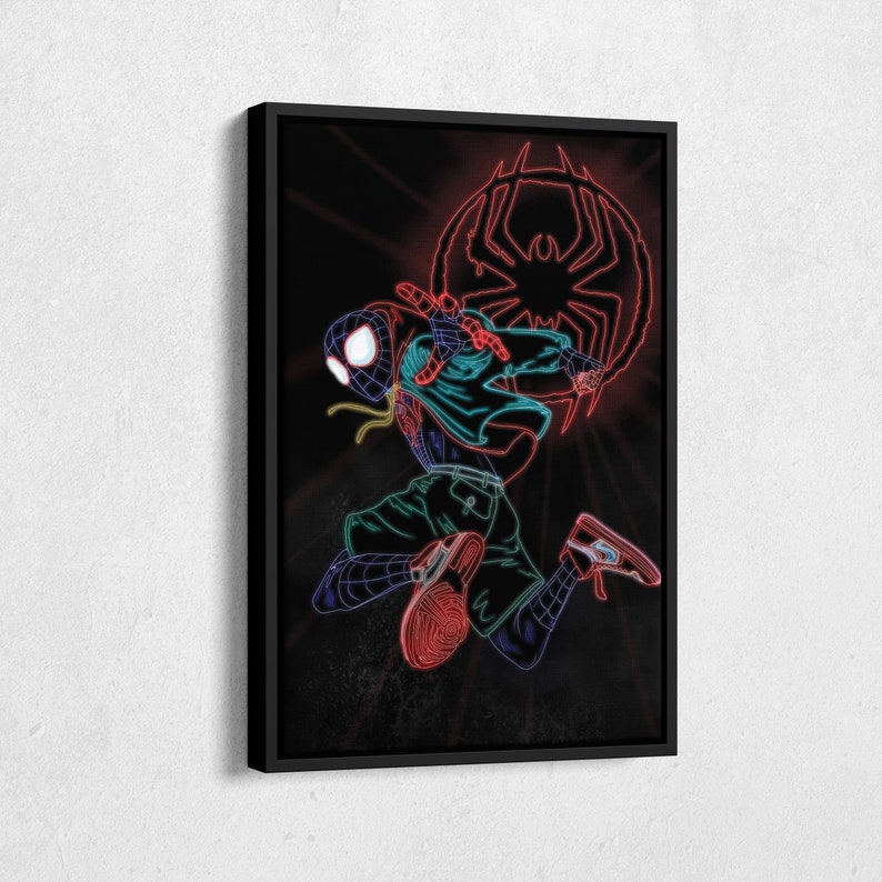Miles Morales Poster Neon Marvel Comics Canvas Wall Art Print Kids Room ...