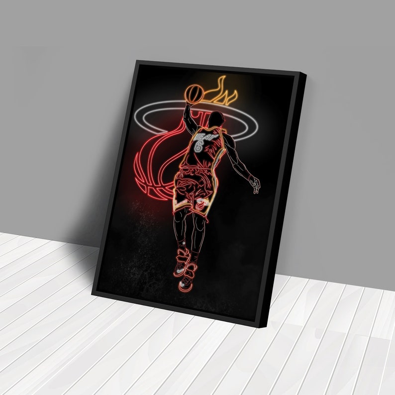 Lebron James Poster Neon Effect Miami Heat NBA Canvas Wall Art Print ...