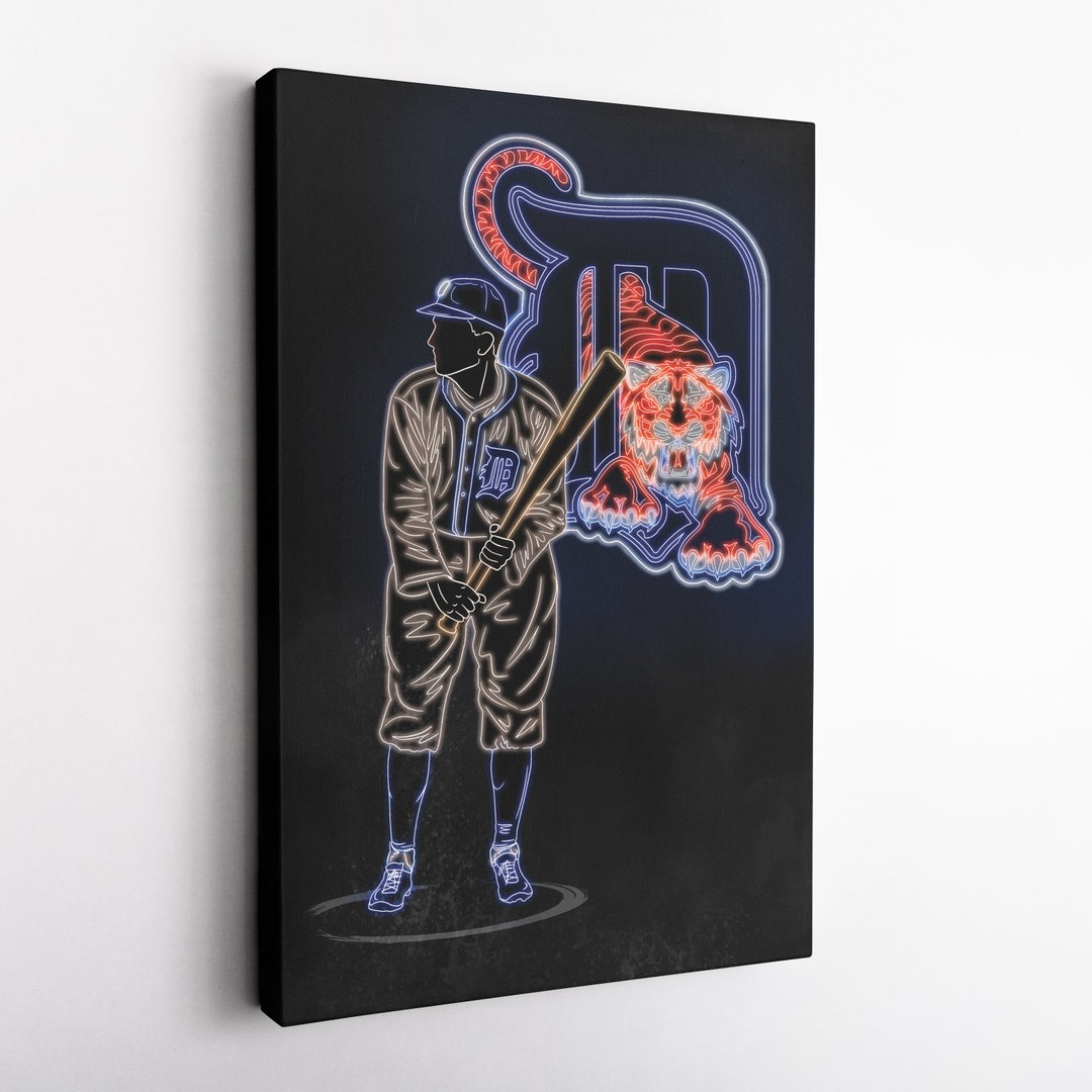 Ty Cobb Poster Neon Effect Detroit Tigers MLB Canvas Wall Art Print ...