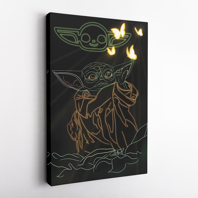 Grogu Poster Neon Star Wars Canvas Wall Art Print Kids Room Framed ...
