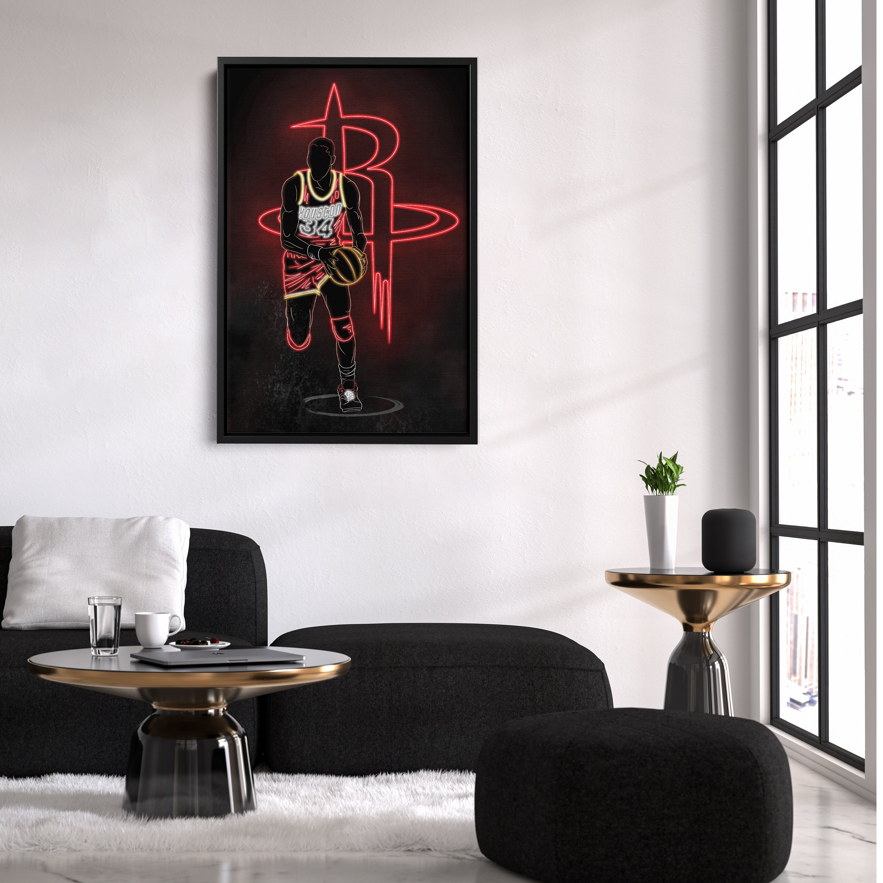 Hakeem Olajuwon Poster Neon Effect Houston Rockets NBA Canvas Wall Art ...