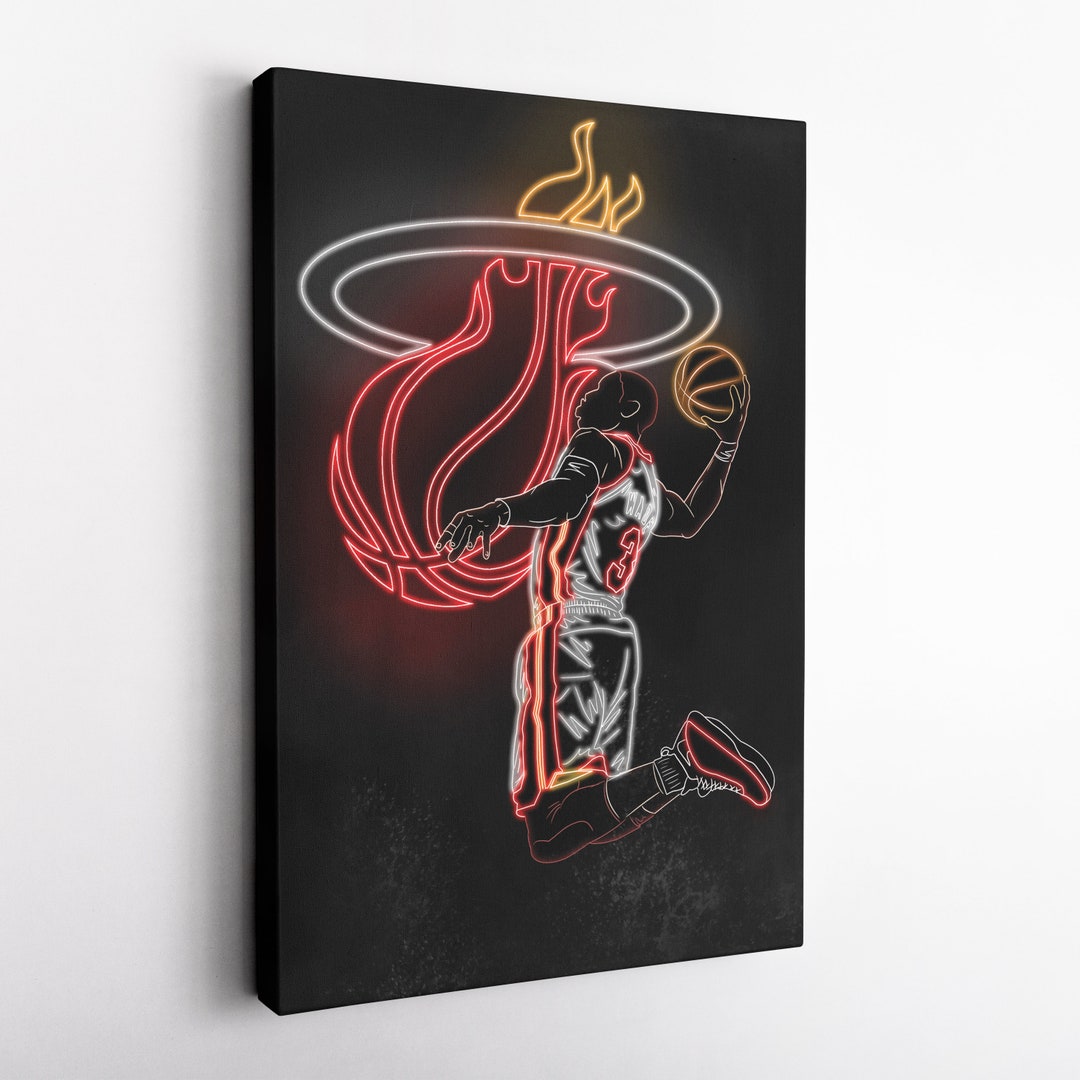 Dwyane Wade Poster Neon Effect Miami Heat NBA Canvas Wall Art Print ...
