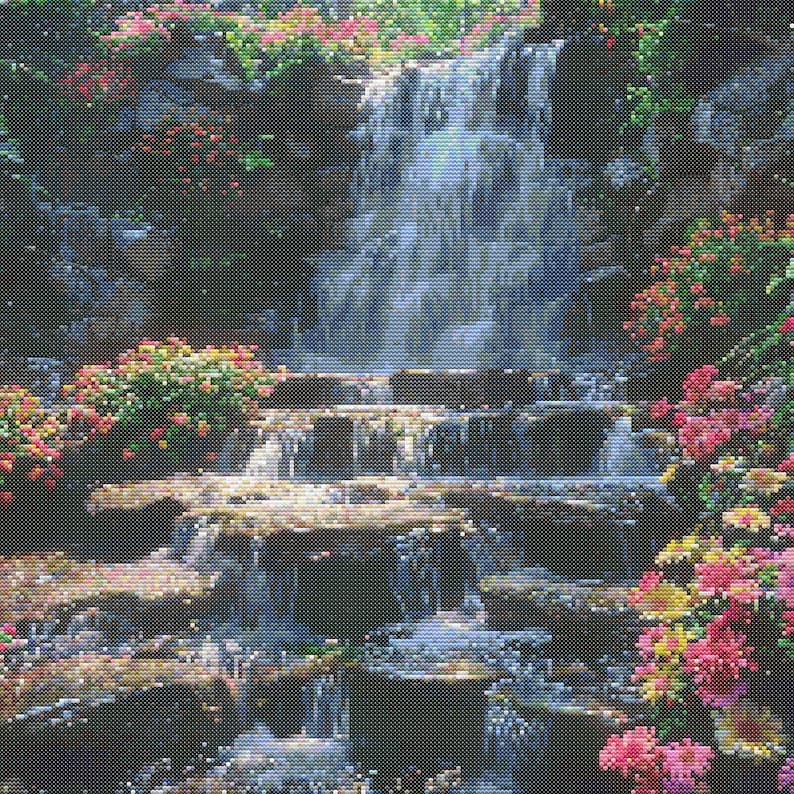 Waterfall Cross Stitch Pattern, Nature Pattern With Waterfall and ...